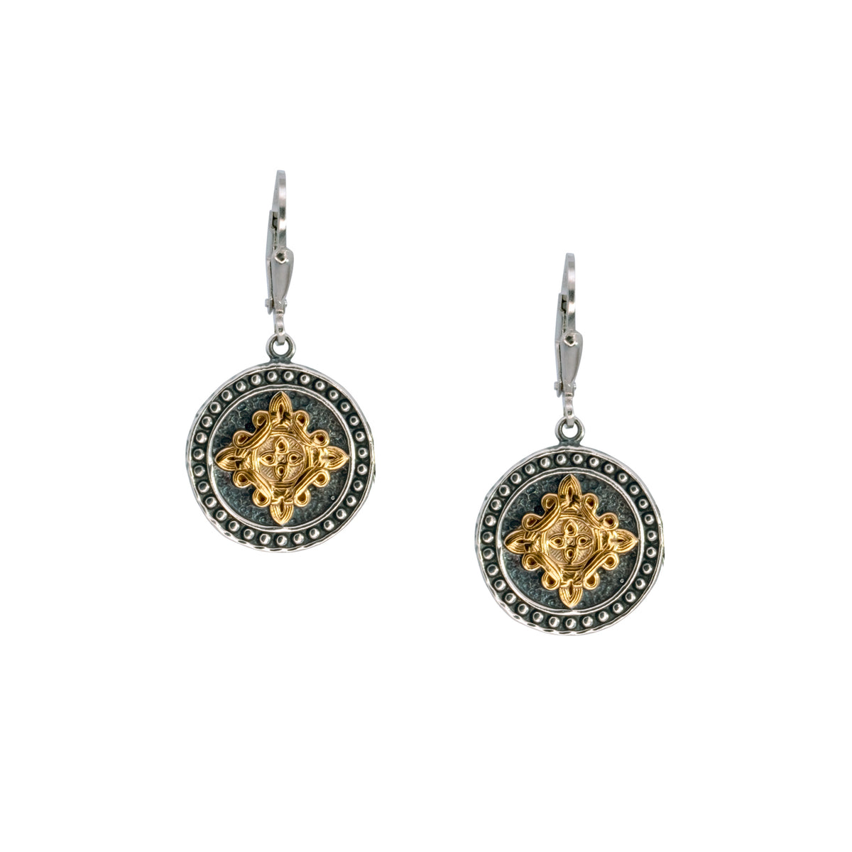 Silver with 14k Gold Gilding Medallion Shield Leverback Earrings ...